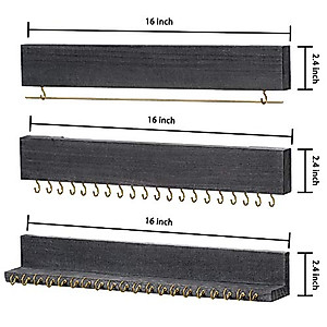 Y&ME YM Large Wall Mounted Hanging Jewelry Organizer Set of 3, Wall-Mounted Wood Necklace Holder with Removable Bracelet Rod and 40 Jewelry Hooks, 16 x 2.4 x 1 inch (Grey)…