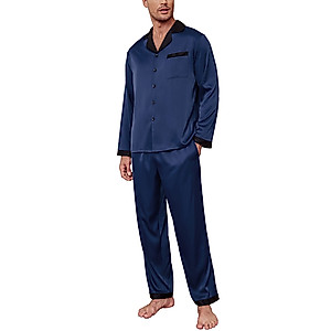Ekouaer Men's Silk Pajama Set Long Satin Loungewear 2 Piece Pjs Classic Button Down Sleepwear Navy Blue
