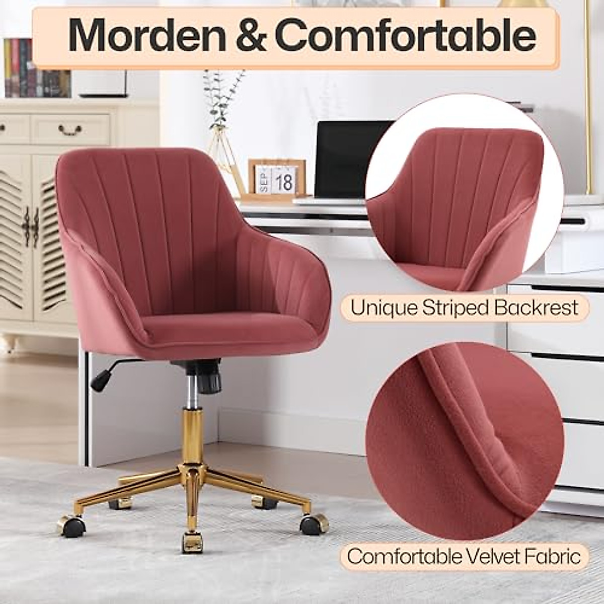 KCC Velvet Home Office Desk Chair with Gold Base, Modern Height Adjustable 360° Swivel Upholstered Vanity Chairs with Arms for Living Room Bedroom, Rose