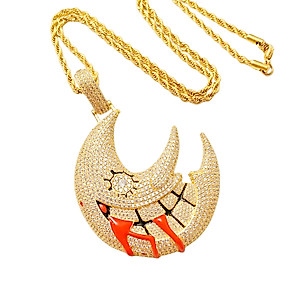 ICEDIAMOND Shiny CZ Simulated Diamond Grinning Crescent Moon Necklace, Iced Out Zircon Gothic New Moon Pendant, Gold Plated Hip Hop Charm Jewelry for Men (Gold)