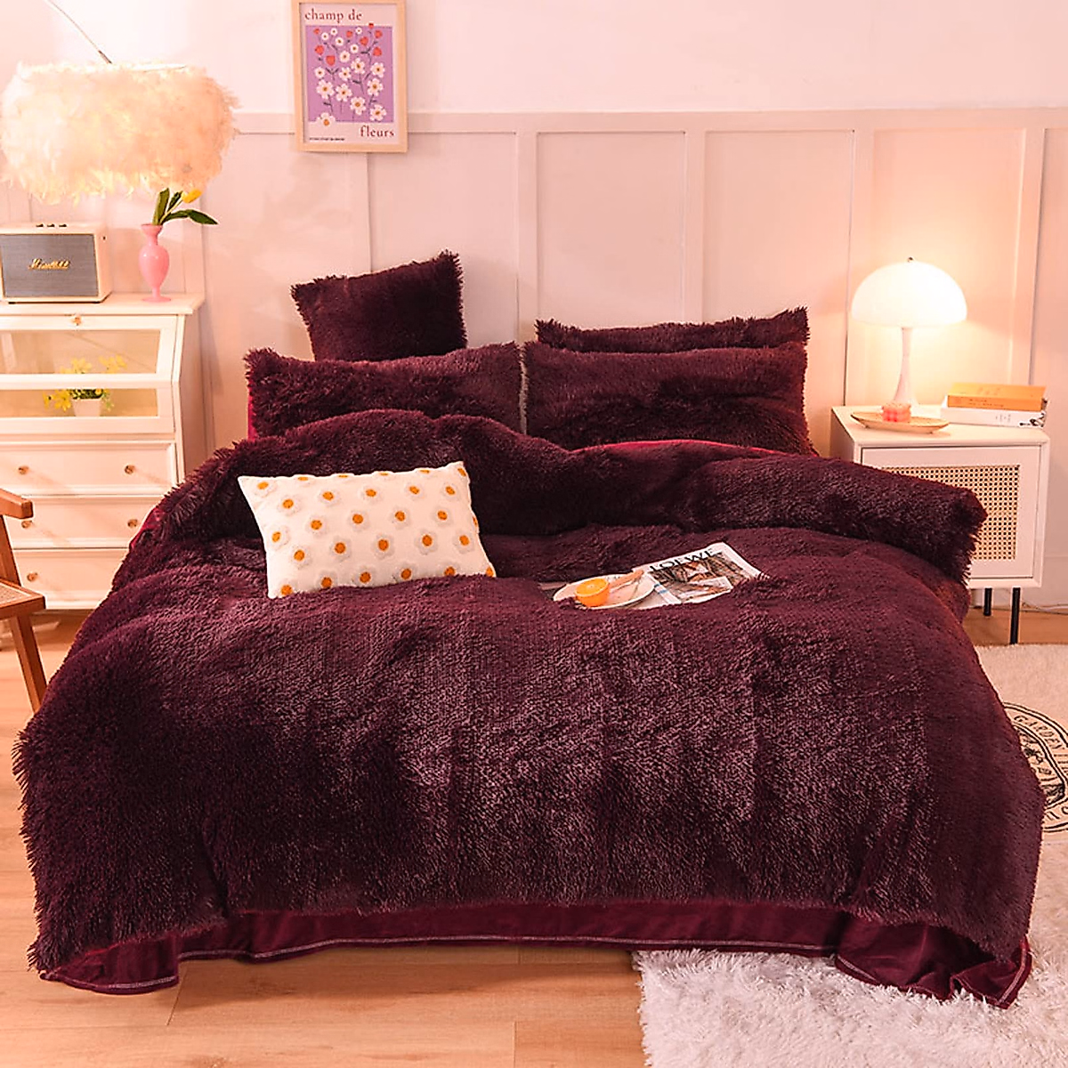 AETVRNI Luxury Plush Shaggy Faux Fur Duvet Cover Set, Super Soft 4 Pieces Dark red Fluffy Comforter Cover Set, Bedding Set(1 Plush Furry Duvet Cover+ 1 Flat Sheet+ 2 Pillow Shams),2,King