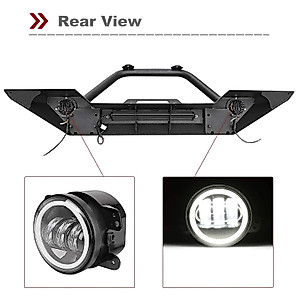 LEDKINGDOMUS Front& Rear Bumper with Tire Carrier Compatible with 07-18 Jeep Wrangler JK JKU Rubicon Sahara Sports Model w/ 2x 60W Fog Light, Winch Plate and D-rings Offroad Rock Crawler Bumper