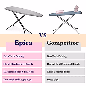 Epica Ironing Board Cover and Pad - Standard Size 15x54 Padded Ironing Board Covers, Heat Reflective Coating, Elastic Edge, Thick Pads, Scorch & Stain Resistant Iron Board Cover with Padding Grey