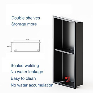 IKITRAEE 12"×24" Matte Black Double-Layer Stainless Steel Shower Niche, No Tile Needed Bathroom Niche, Recessed Wall Niche
