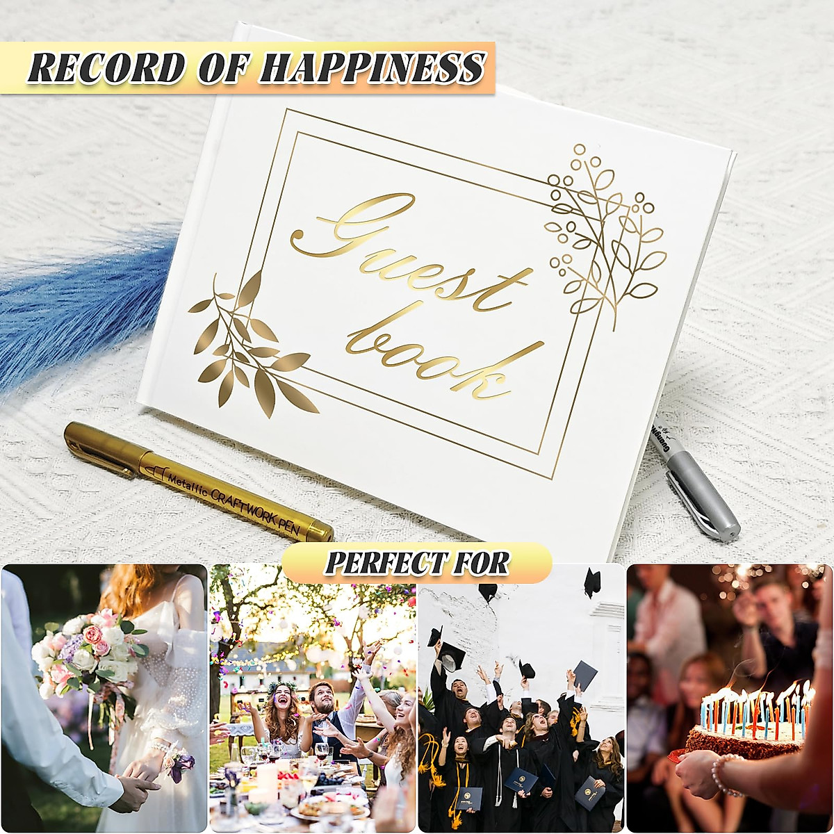 Gold Foil Leaves Wedding Guestbook,Gold Foil Hardcover for Wedding,Guestbook Wedding Reception with 2 Pens,9x7'' Personalized Wedding Guestbook ,Bridal Shower,Baby Shower,Graduation,Birthday,Party