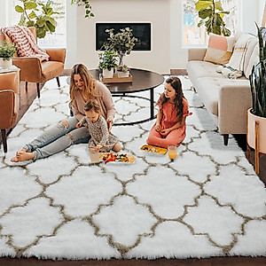 Amdrebio White and Beige Rugs for Living Room, 7x10 Rug, Soft Large Area Rug for Bedroom, Fluffy Neutral Boho Rug for Kids Room, Geometric Morrocan Shaggy Carpet for Playroom, Big Thick Floor Rug