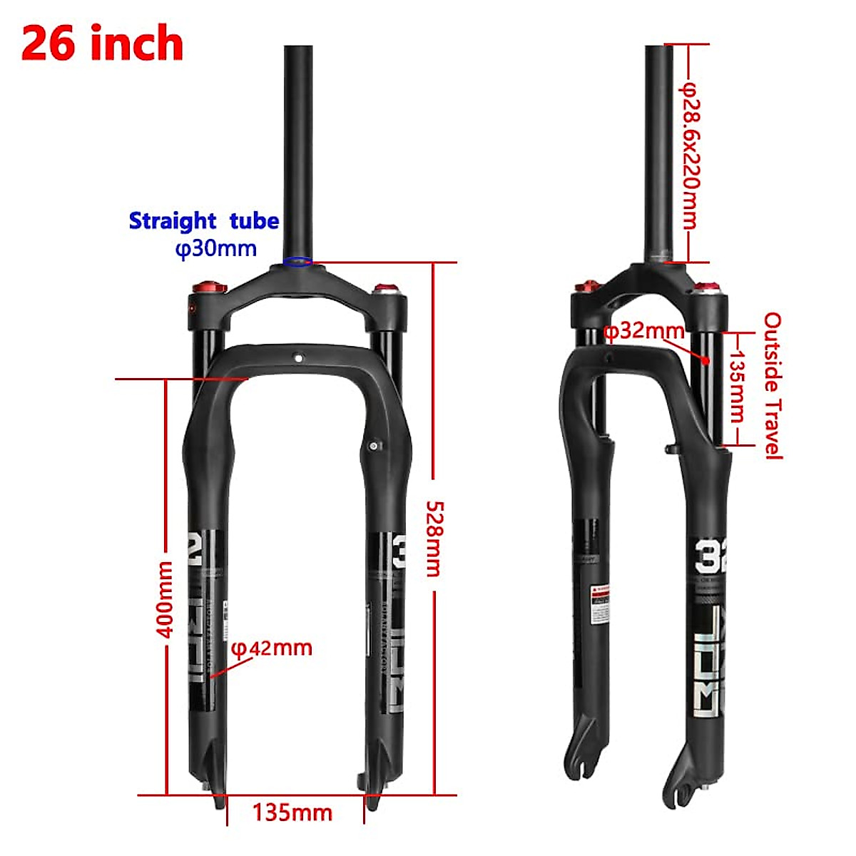 BOLANY Snow Bike Front Fork for A Bicycle 26inch Aluminum Alloy Air Gas Fat Fork Bike for 4.0" Tire Bicycle Accessories