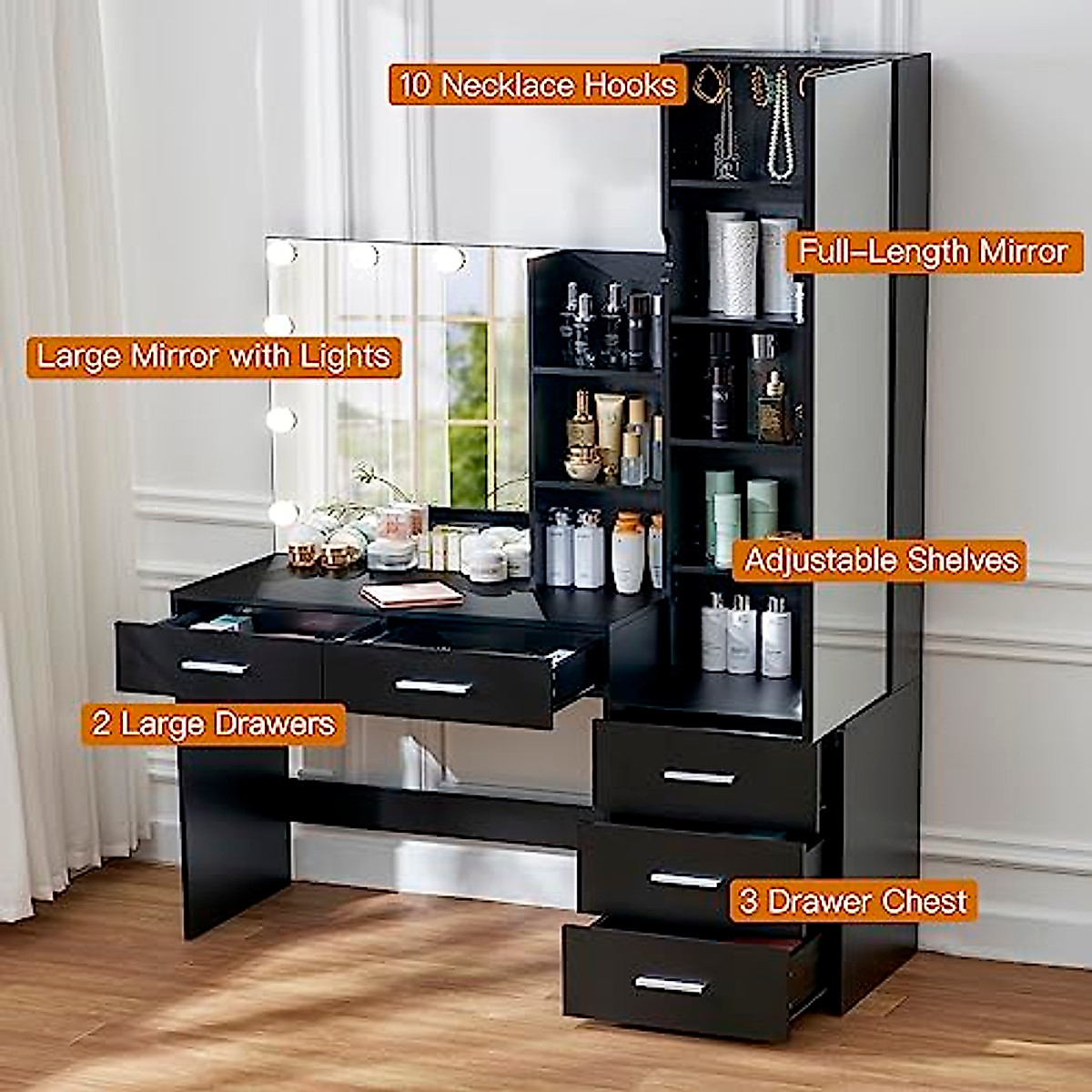usikey 47.2" Large Vanity Desk with 10 Lights Bulbs & Full-Length Mirror, 70.9" High, Makeup Vanity with Lights and 5 Drawers, Vanity Table Set with Mirror Cabinet and 8 Storage Shelves, Black