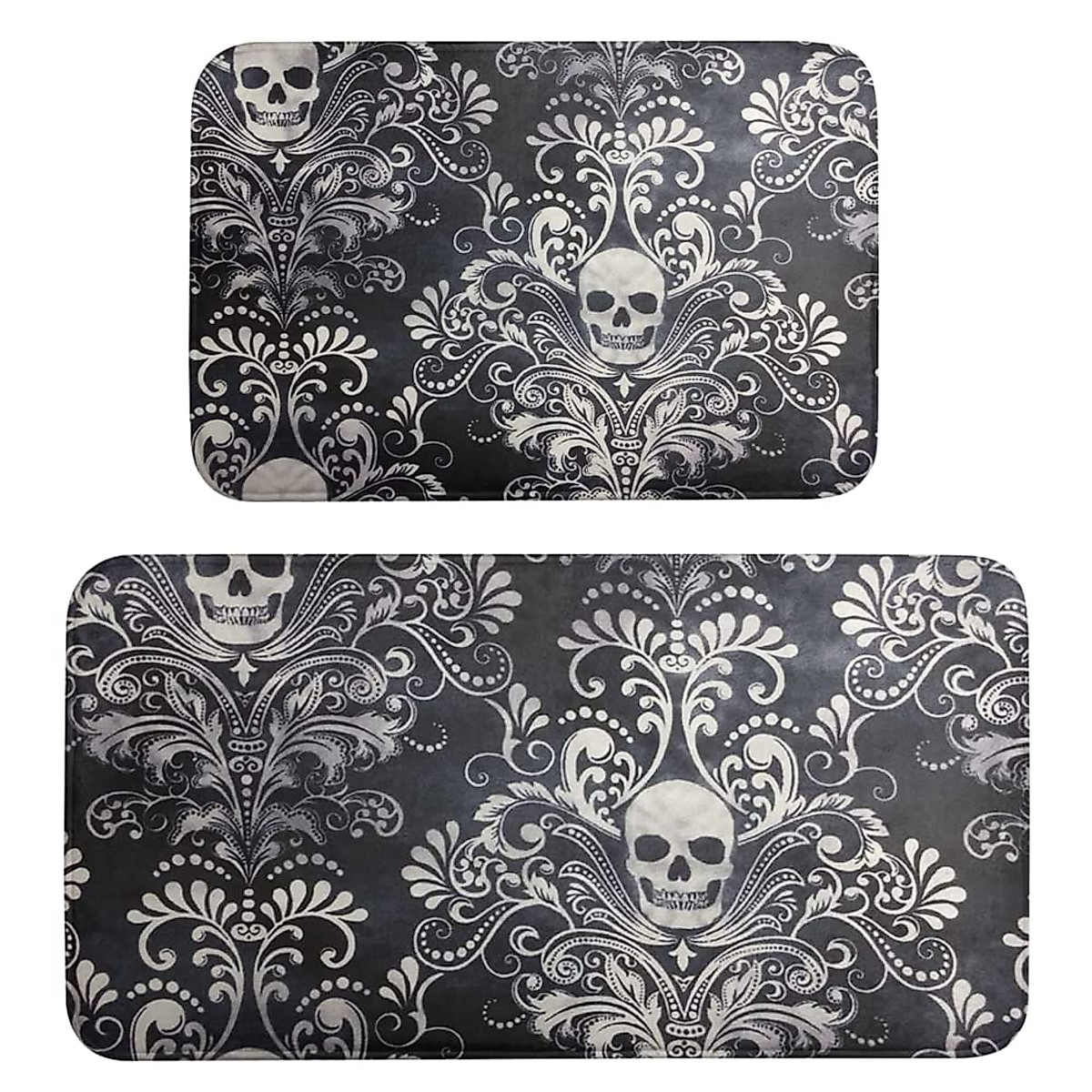 Sugar Skull Kitchen Mats 2 Pcs Anti Fatigue Halloween Skull Kitchen Floor Mats Washable Water Absorbent Gothic Skeleton Kitchen Rugs for Bathroom Laundry Sink Kitchen Standing Mat