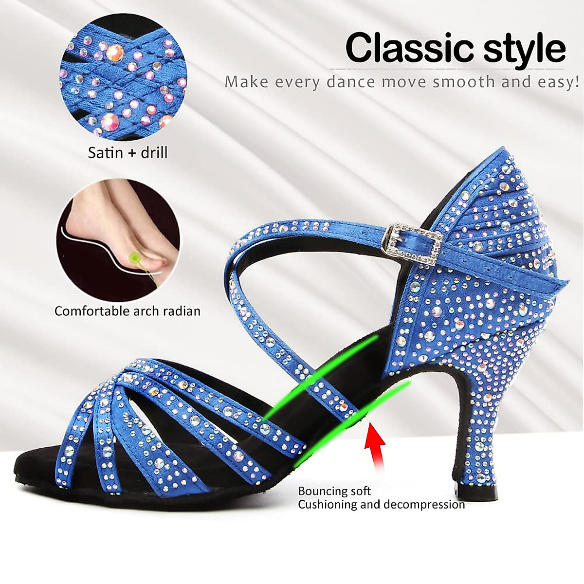 SWDZM Women's Rhinestone Dance Shoes Ballroom Latin Salsa Performance Practice Dancing Shoes,L377,Blue,Heel 3'',US 6.5