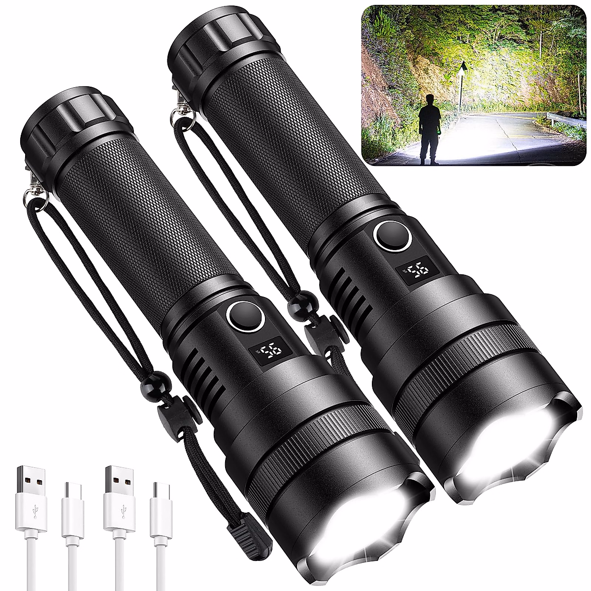 ALSTU Rechargeable Flashlights High Lumens, 990,000 Lumen Bright Flashlight with 5 Modes, Led Flash Light with Power Display & IPX7 Waterproof for Camping, Hiking, Outdoor (2 Packs)