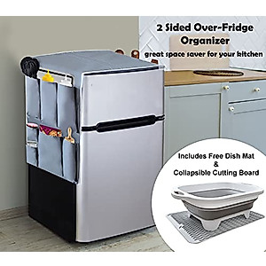 EFP -ALL IN ONE 12 Pocket Dorm & Office Mini Fridge Caddy Organizer - Stores Pantry Items, Cutlery, Utensils, Bottles, Plates, & More For Home, Includes Collapsible Cutting Board & Dish Mat (Grey)