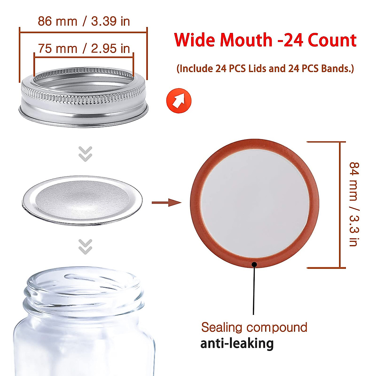 48Pcs Wide Mouth Canning Lids and Rings Mason jar lids Reusable Leak Proof Split-Type Silver Lids with Silicone Seals Rings (86mm)