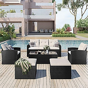 MENGK 6-Piece All-Weather Wicker PE Rattan Patio Outdoor Dining Conversation Sectional Set with Coffee Table, Wicker Sofas, Ottomans, Removable Cushions (Black Wicker, Beige Cushion)