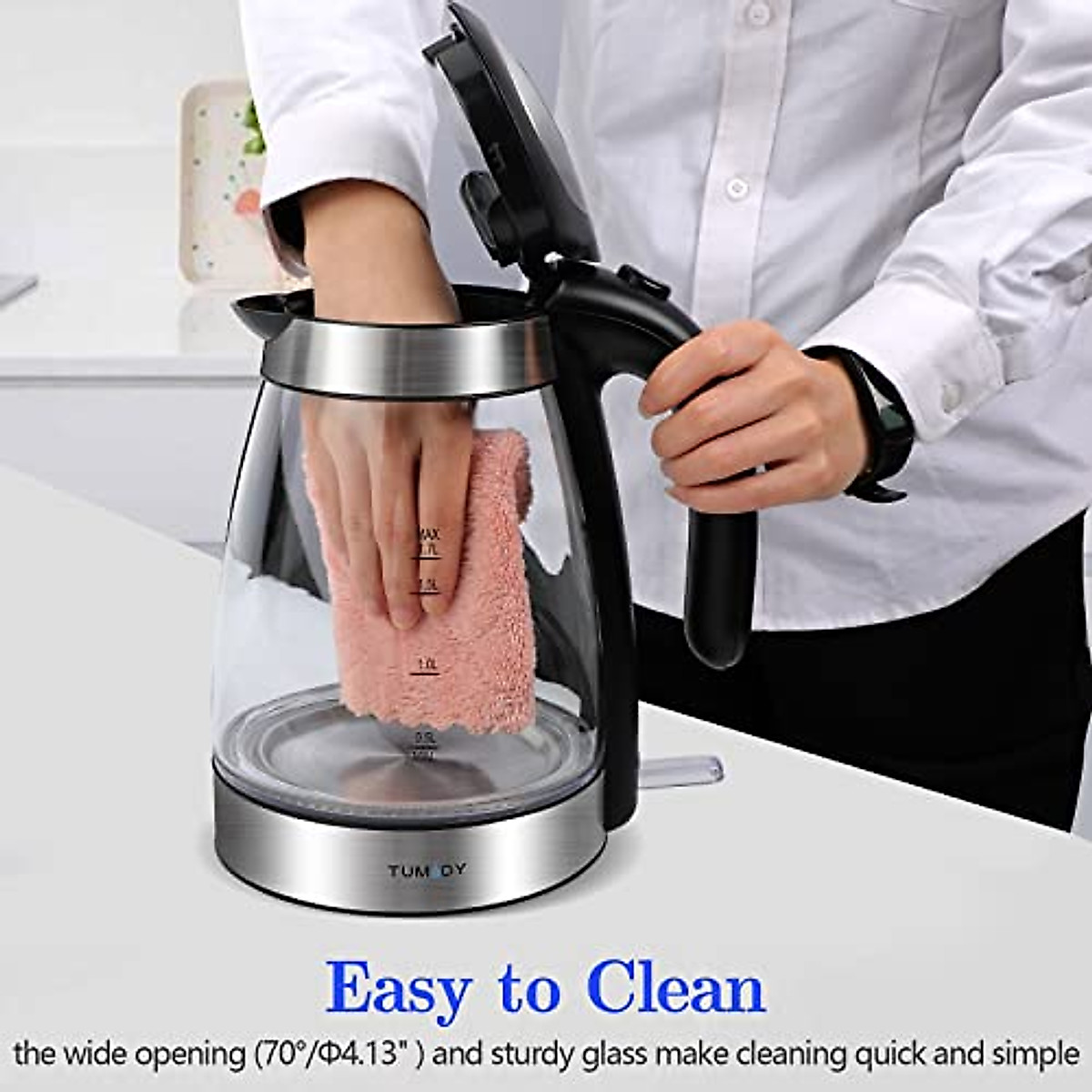 Glass Electric Kettle, TUMIDY 1.7L 1500W Fast Boiling Hot Water Boiler Auto-Shutoff and Boil-Dry Protection, LED Lights, Comfy Touch Handle Wide Opening Cordless Tea Heater making Tea Coffee, Black