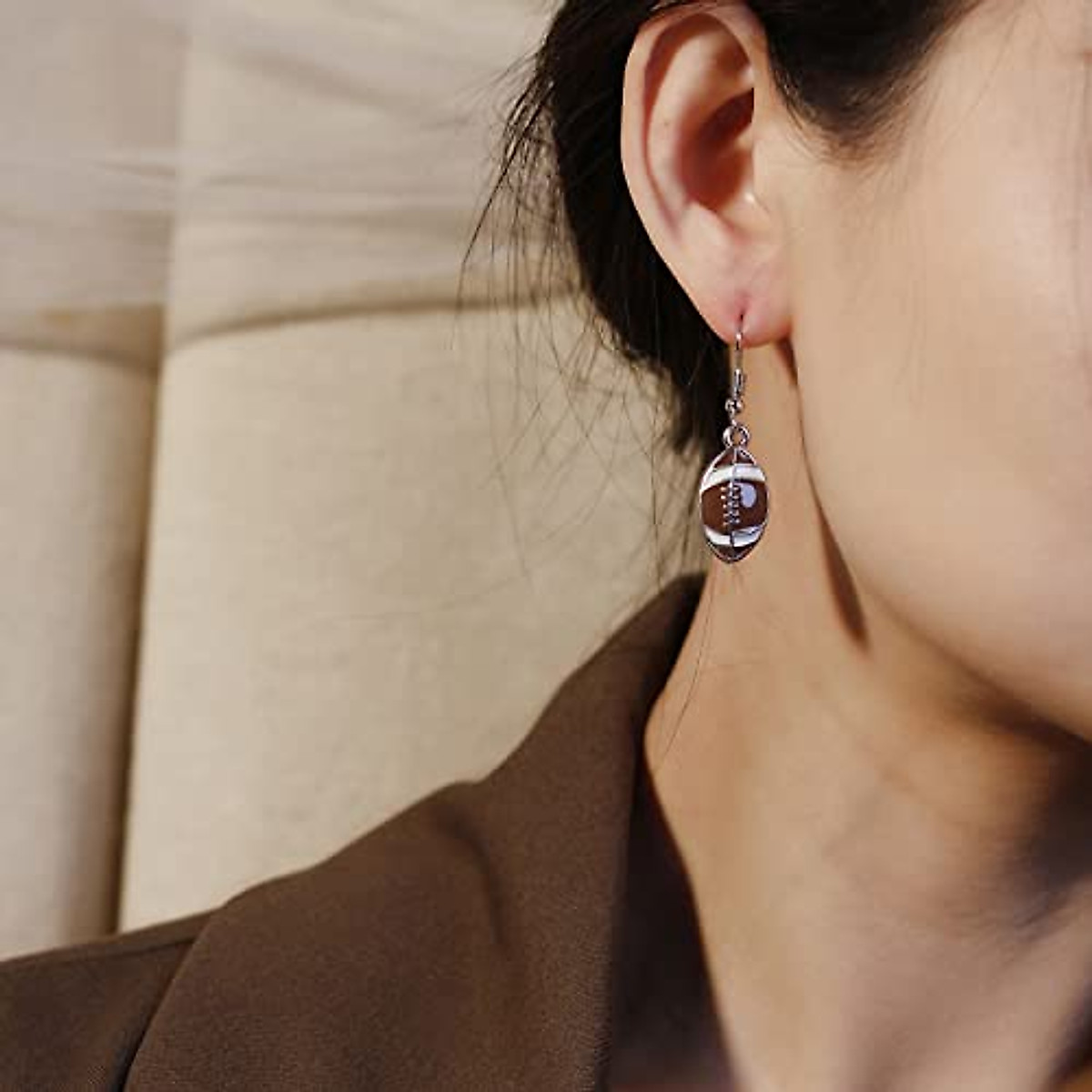 RUOFFETA Sport Ball Dangle Earrings, Football Earrings, Basketball Earrings Soccer Volleyball Baseball Earrings for Women Fan Gift(Football Coffee)