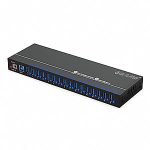 Multi-Safety Protection USB Splitter - 16 Port Powered USB Hub 3.0 with AC Adapter (12V / 10A) - Aluminium USB 3.0 Hub with LEDs - High Speed - Hub for Multiple Devices - Powered USB 3.0 Hub