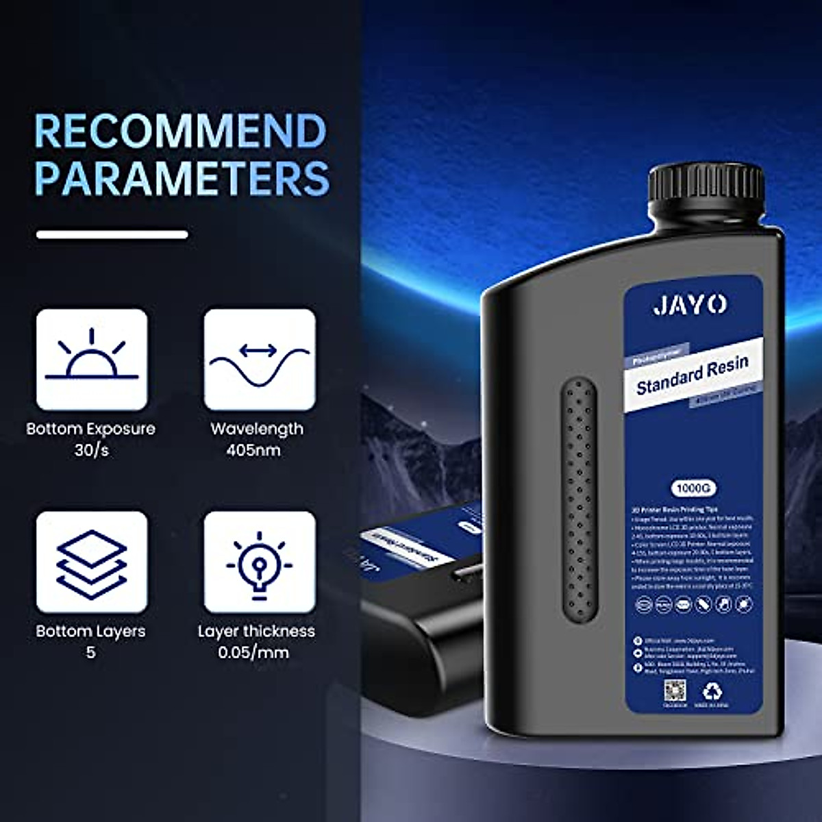 3D Printer Resin, JAYO 1KG 3D Resin for 4K 8K LCD/DLP/SLA 3D Printers, 405nm Standard Photopolymer Fast Curing Resin, High Precision, Low Shrinkage, Clear Blue 1000g