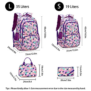 Kids' Backpacks Geometric Printed Children School Bag for Middle-Elementary School Book Bags for Girls-Boys Waterproof 3 in 1 Backpack Sets(Purple 35L)