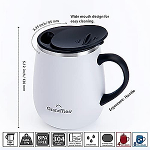 GRANDTIES Insulated Coffee Mug with Handle - Sliding Lid for Splash-Proof 16 oz Wine Glass Shape Thermos Tumbler with Double Walled Vacuum Stainless Steel to Keeps Beverages Hot or Cold - Pearl