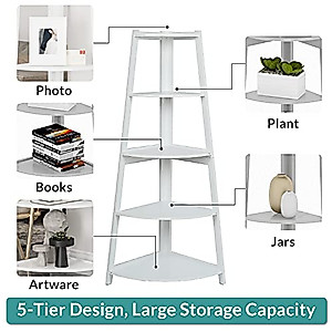 MEETWARM 5 Tier Corner Bookshelf Corner Ladder Shelf Small Bookcase Display Storage Organizer Stand Rack for Living Room Home Office and Kitchen (White)