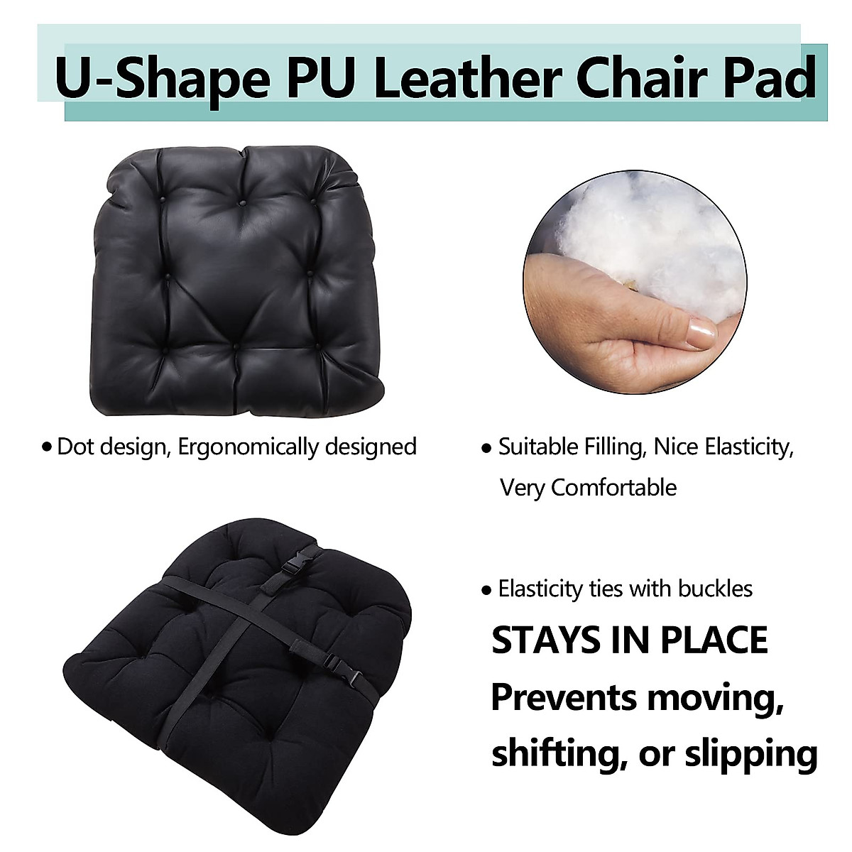 Big Hippo Chair Pads,Soft Leather Tufted Chair Seat Cushion Thicken U-Shape Chair Cushion Padding with Elastic Bands for Home Office Outdoor(Black-1pc)