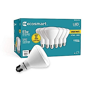 Ecosmart Bright White LED BR30 Dimmable Flood Bulb, 65W Replacement, 9 Watt, 655 Lumens - 3000K - Indoor/Outdoor Rated (6-Pack)