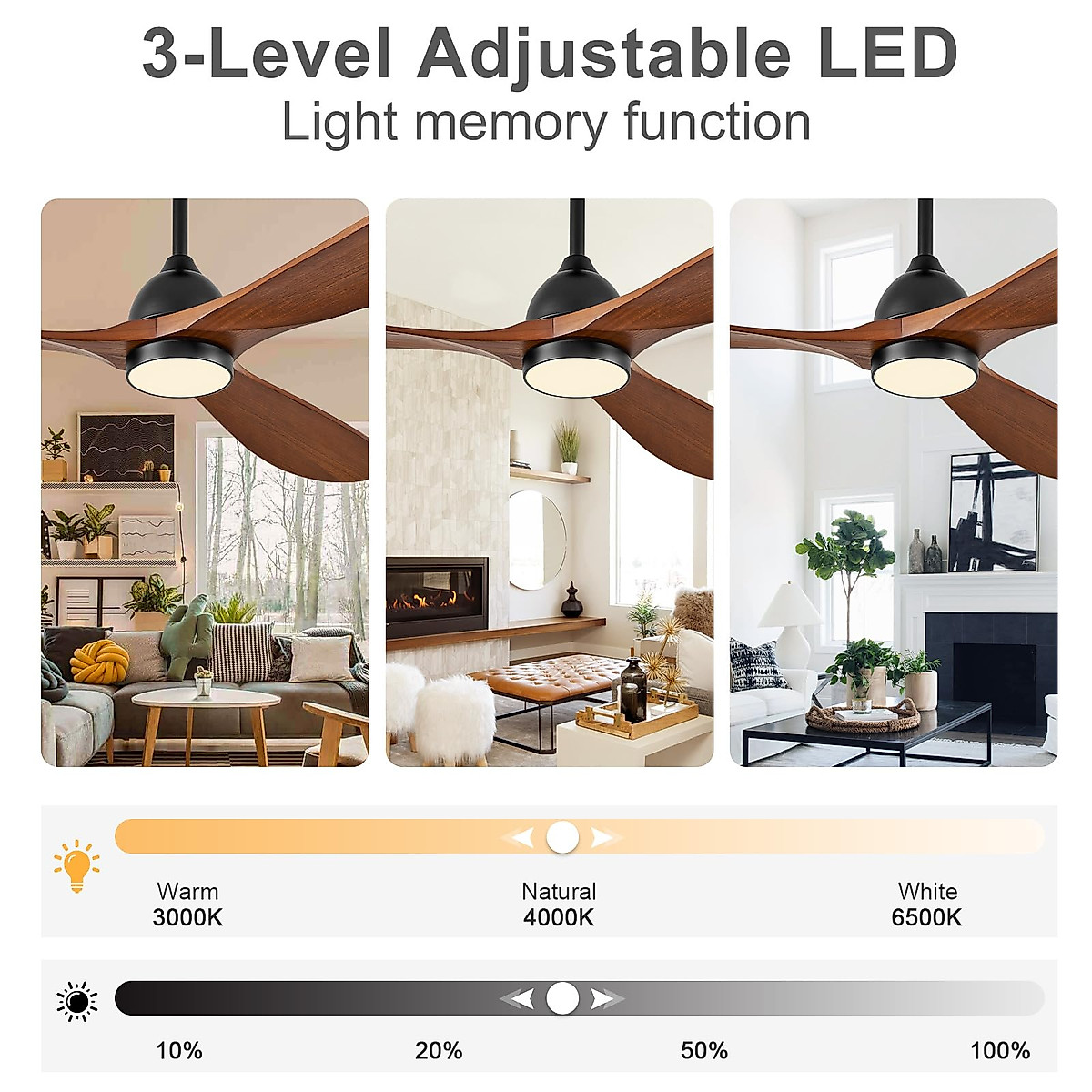 Eliora 54 inch Outdoor Ceiling Fan, Outdoor Ceiling Fans for Patios with Light and Remote Control, 3 Solid Wood Blades, Quiet DC Motor, Outdoor Ceiling Fans for Patios, Porch, Dark Walnut