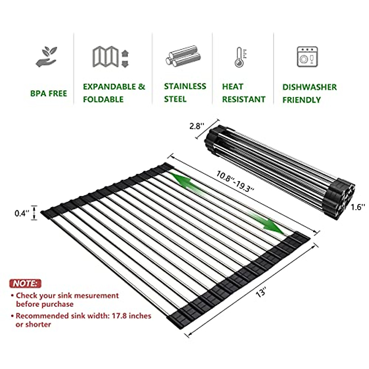 EONGOA Roll Up Dish Drying Rack Over The Sink, Foldable Sink Rack Mat, Expandable & Heavy Duty Silicone Wrapped Stainless Steel Rolling Dish Drainer, Multipurpose Kitchen Dry Rack for Sink Counter