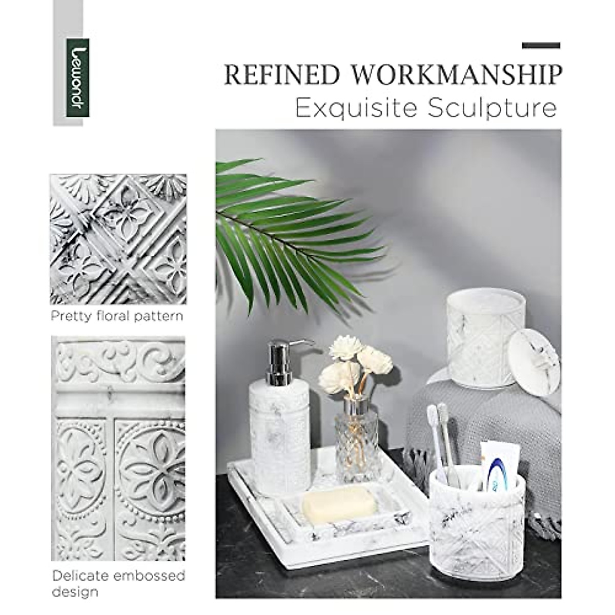 Lewondr Bathroom Accessories Set, 5-Piece Resin+Grit Embossed Bath Countertop Set with Vanity Tray, Soap Dish, Soap & Lotion Dispenser, Cotton Jar, Divided Toothbrush Holder - White