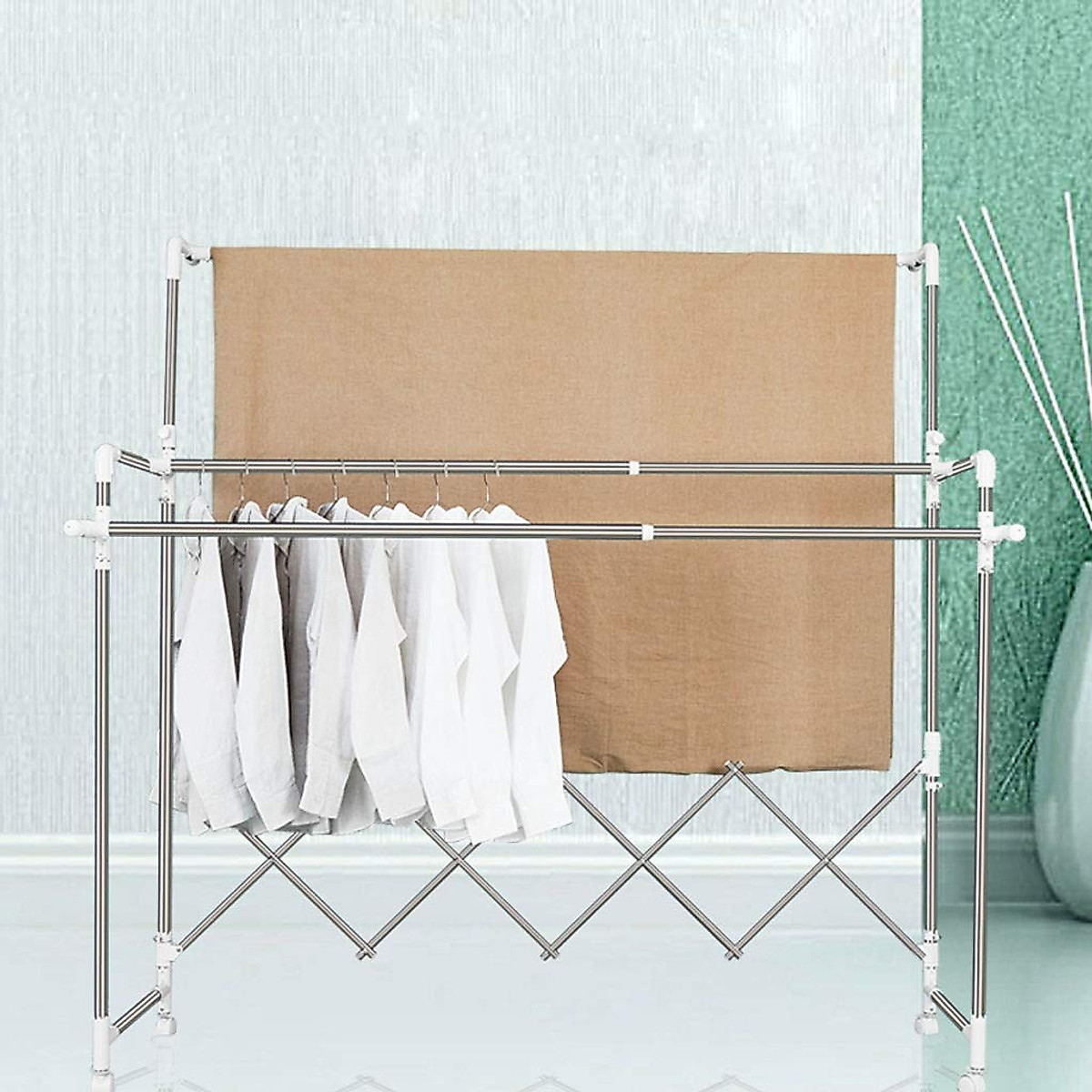 Jixi Drying Rack Clothes Airer Stainless Steel Drying Rack Double Pole Folding Adjustable Clothes Hanger with Universal Wheel Indoor Outdoor Laundry Rack (Color : Stainless Steel)