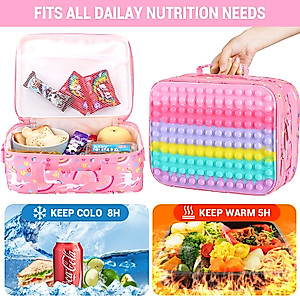 MOVCZON Rainbow Lunch Box for Girls Kids Lunch Bag Set School Supplies for Kids Insulated Lunch Tote Bag- Picnic Leakproof Cooling Lunch Containers with Adjustable Shoulder Strap Back to School