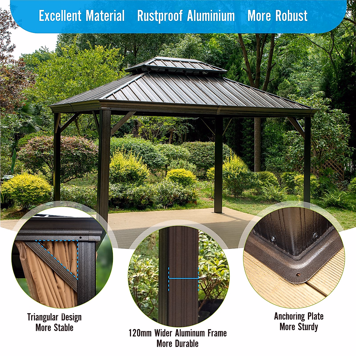 MFSTUDIO 10' x 12' Hardtop Gazebo with Curtains and Netting,Outdoor Polycarbonate Double Roof Canopy, Aluminum Frame Permanent Pavilion for Patios,Gardens,Lawns (Brown)