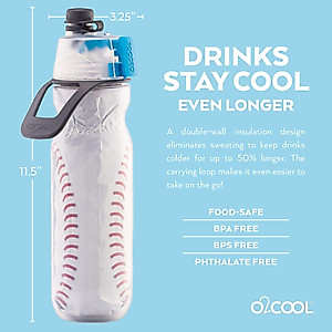O2COOL Mist 'N Sip Misting Water Bottle 2-in-1 Function With No Leak Pull Top Spout Sports Reusable Water Bottle - 20 oz (2 Pack Baseball)