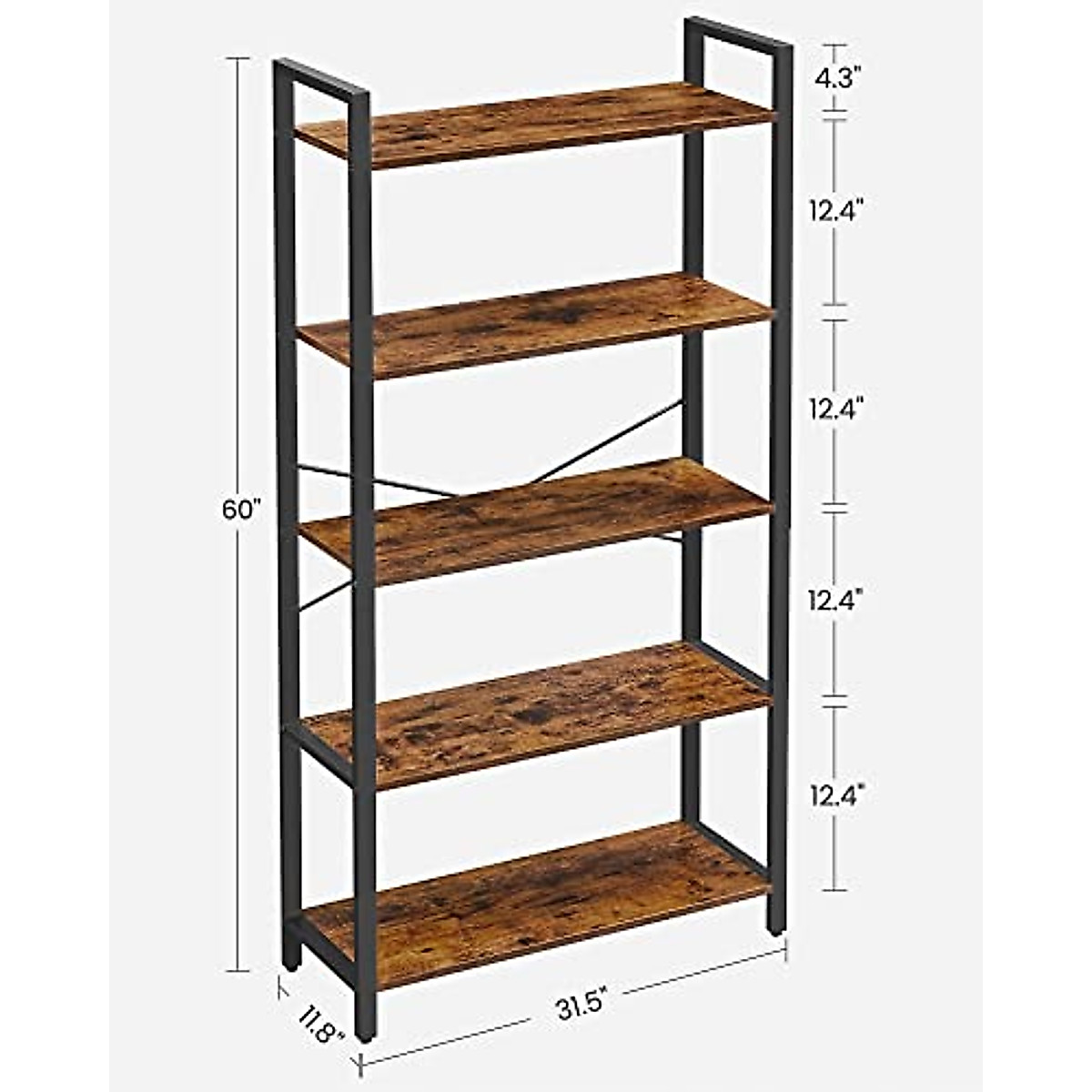 VASAGLE Bookshelf, 5-Tier Storage Rack with Steel Frame, for Living Room, Office, Study, Hallway, Industrial Style, Rustic Brown + Black, ‎11.8 x ‎31.5 x 60 inches