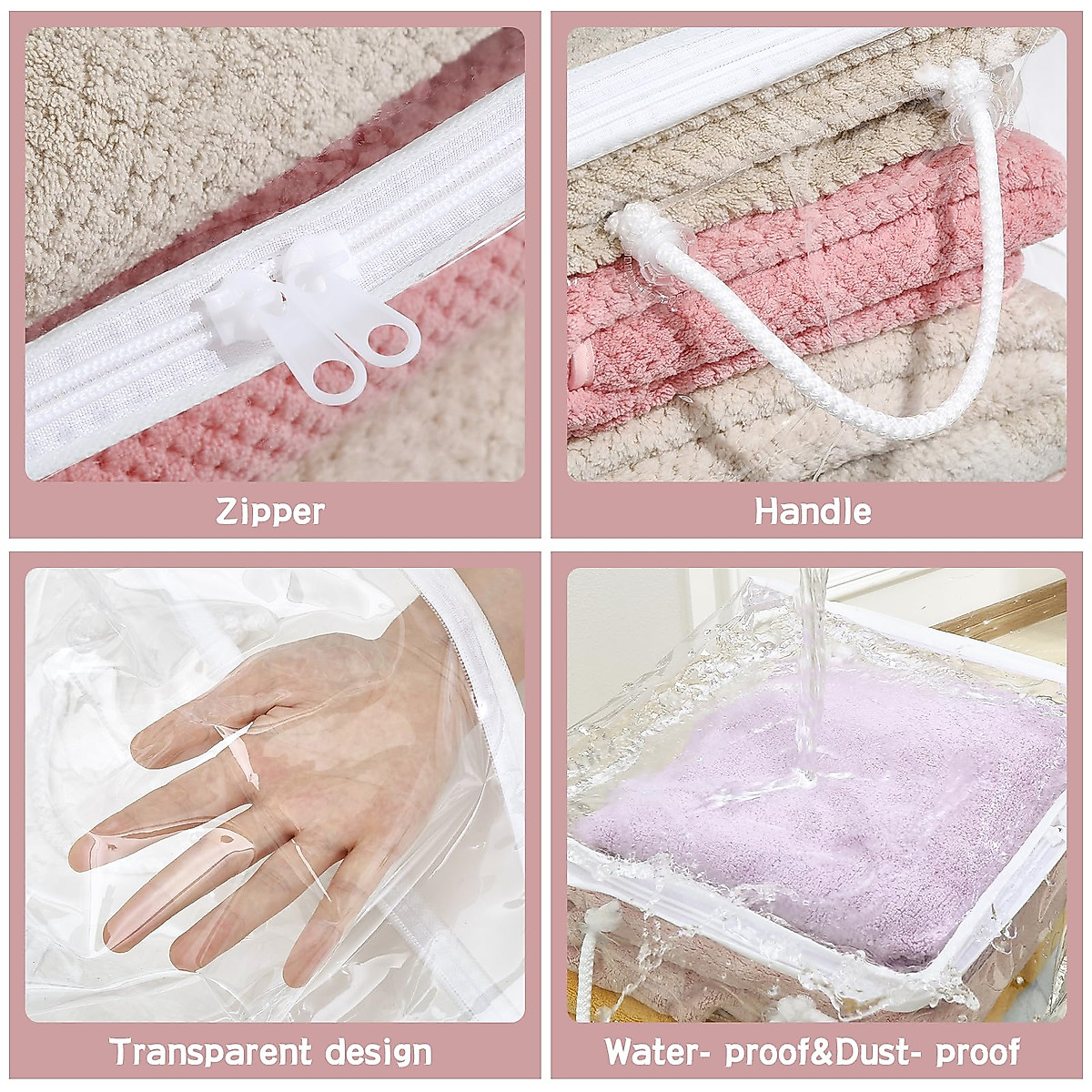 Remittur 10 PCS Clear Zippered Storage Bags with Handles,Sweater Storage with Two-Way Zipper,Foldable Closet Organizer Bed Sheet Organizer,Cube Plastic Storage Organizer,Bag,Bin for Clothes,Towel