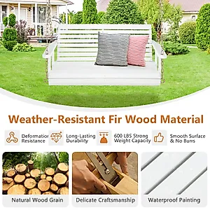 Tangkula 2 Person Hanging Porch Swing, Outdoor Bench Swing with Adjustable Chains, High Back, Cozy Armrests, Wooden Tree Swing Chair for Patio Backyard Deck Garden (White)