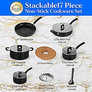NutriChef Kitchenware Cookware, Non-Stick Pans and Pots with foldable Knob, Space Saving, Stackable, Nylon Tools, Induction Base, Black (17-Piece Set), One Size