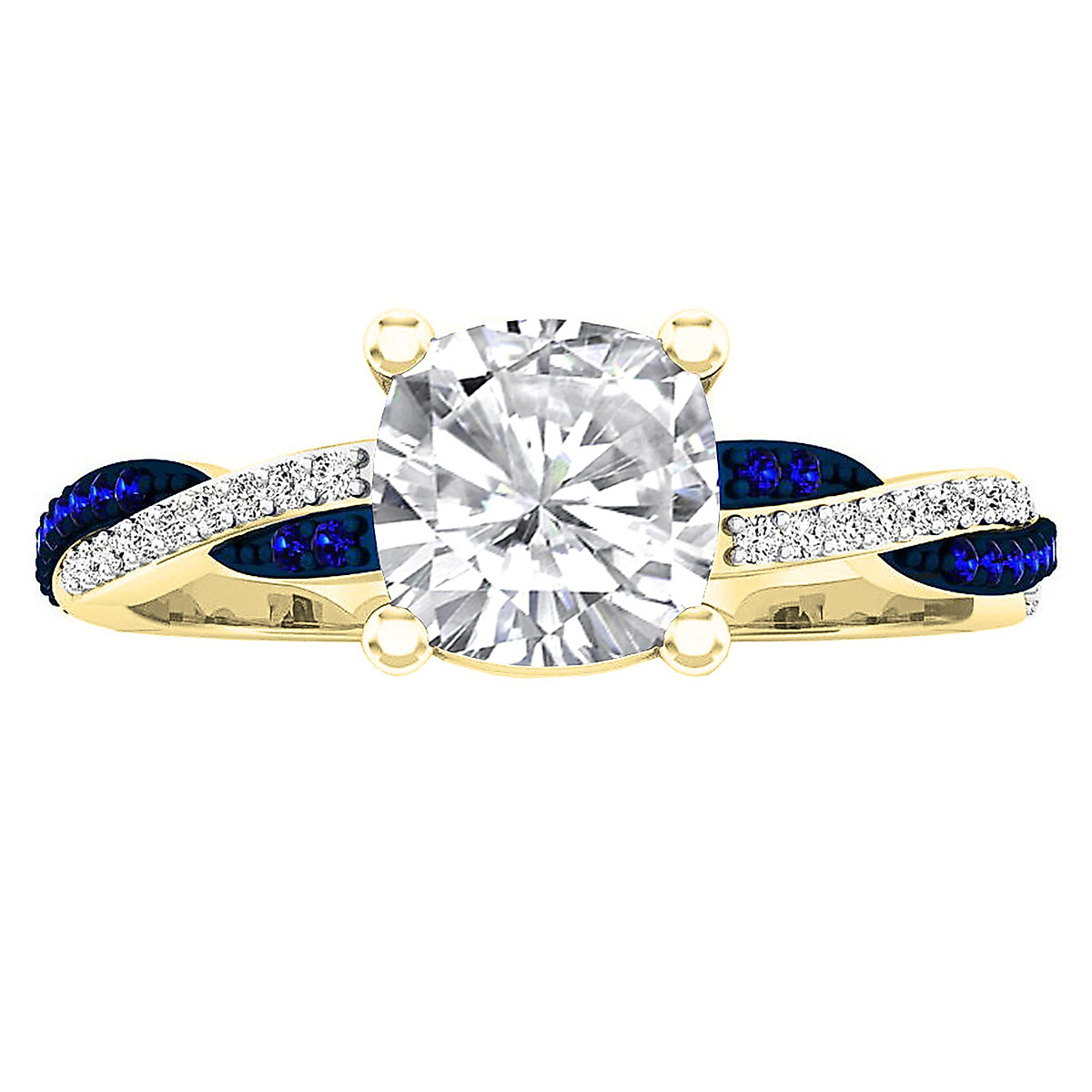 Dazzlingrock Collection 6 MM Cushion Lab Created White Sapphire with Round Blue Sapphire & Diamond Women Engagement Ring | 10K Yellow Gold, Size 9