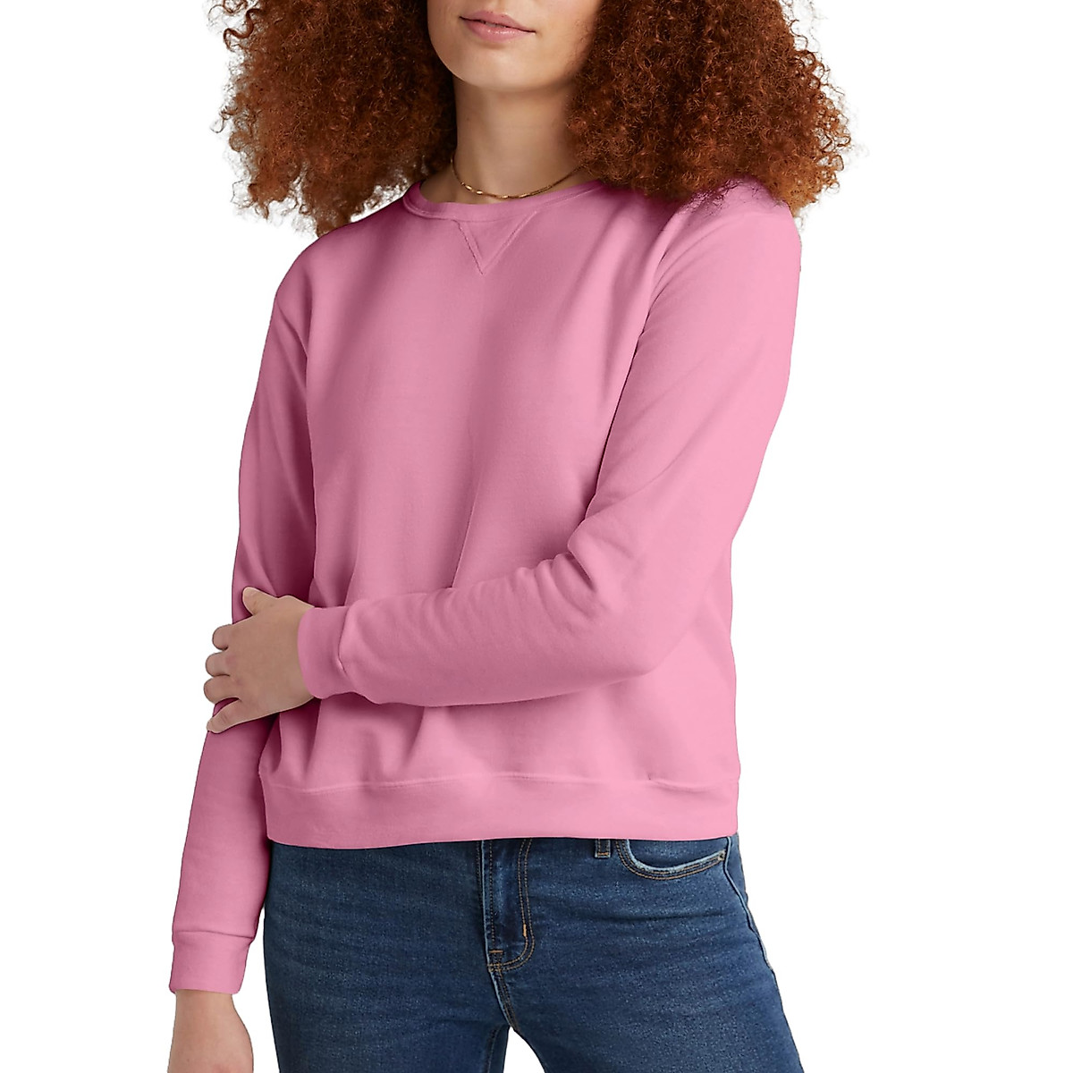 Hanes Comfortblend Crewneck, EcoSmart Fleece Pullover with V-Notch, Sweatshirt for Women, Spirited Pink