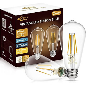 DORESshop Dimmable Vintage LED Edison Bulbs, 8W, Equivalent 60W, 800 Lumens, 90+ CRI,Warm White 2700K, ST64 Antique LED Filament Bulbs, Eye Protection LED Bulb, E26 Medium Base, Clear Glass, 2 Pack