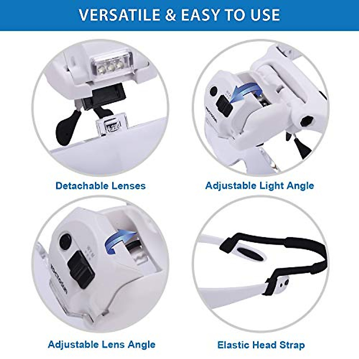 YOCTOSUN Head Magnifier with 5 LED Lights, Rechargeable Headband Magnifying Glass with 5 Interchangeable 1.2X, 1.8X, 2.5X, 3.5X, 4.5X Lenses, Great Magnifying Glasses for Jewelry, Arts and Crafts