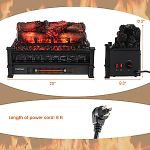 COSTWAY Eternal Flame Electric Fireplace Log, 20-inch Fireplace Insert Log Heater with Realistic Pinewood Ember Bed, Adjustable Temperature, Infrared Electric Fireplace Log for Home Decor, Black 1500W