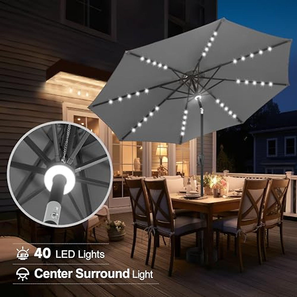 FLAME&SHADE 10 ft Solar Powered Outdoor Market Patio Table Umbrella with LED Lights and Tilt, Anthracite