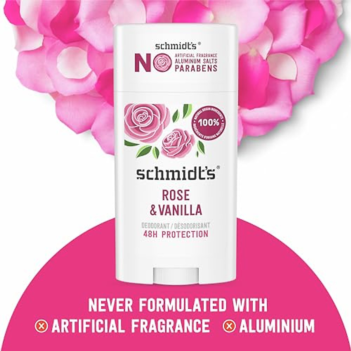 Schmidt's Aluminum-Free Vegan Deodorant Rose & Vanilla with 24 Hour Odor Protection 2 Count for Women and Men, Natural Ingredients, Cruelty-Free, 2.65 oz