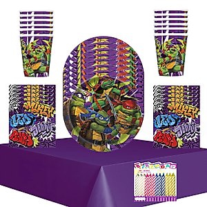 TMNT Mutant Mayhem Party Supplies Pack Serves 16 Guest: Teenage Mutant Ninja Turtles - 7" Dessert Plates Napkins Cups and Table Cover with Birthday Candles (Bundle for 16)