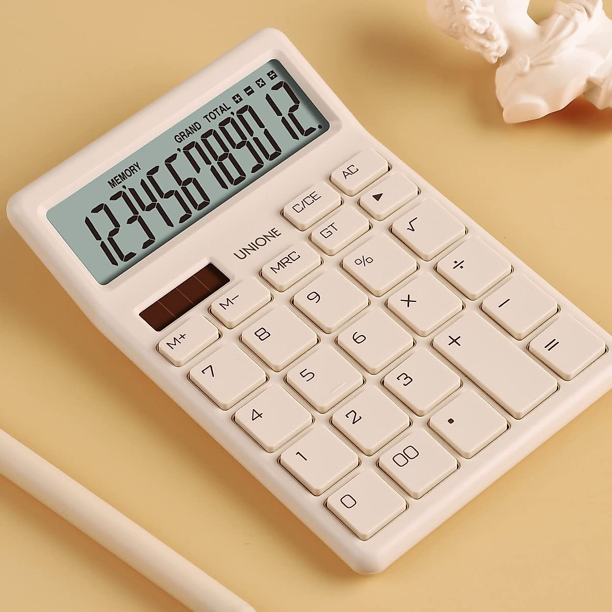 UNIONE Desktop Beige Calculator with a Bright LCD, Dual Power Handheld Desktop. Color. Business, Office, High School, 4×6 inch