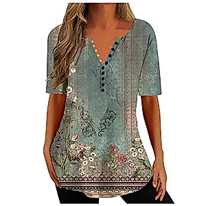 SMIDOW Womens Tunic Tops to Wear with Leggings Summer Henley v Neck Short Sleeve Shirts Western Floral Print Loose Blouse