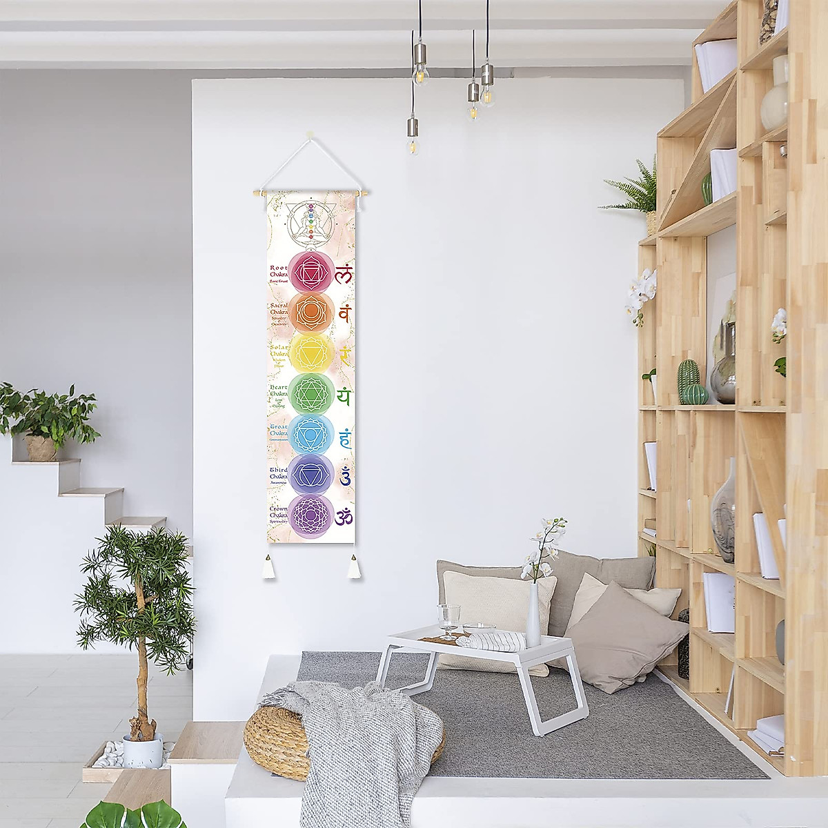 DigiTizerArt Hanging Poster Canvas Wall Art Banner for Meditation 7 Chakras Yoga Painting | Wall Hanging Tapestry Decoration Black and White | 33 x 135 cm (White)