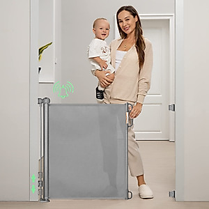 Momcozy Retractable Baby Gate, Alarm Mesh Baby Gate or Mesh Dog Gate, 33 inches high, extends to 55 inches Wide, Child Safety gate for doorways, Stairs, hallways, Indoor/Outdoor.
